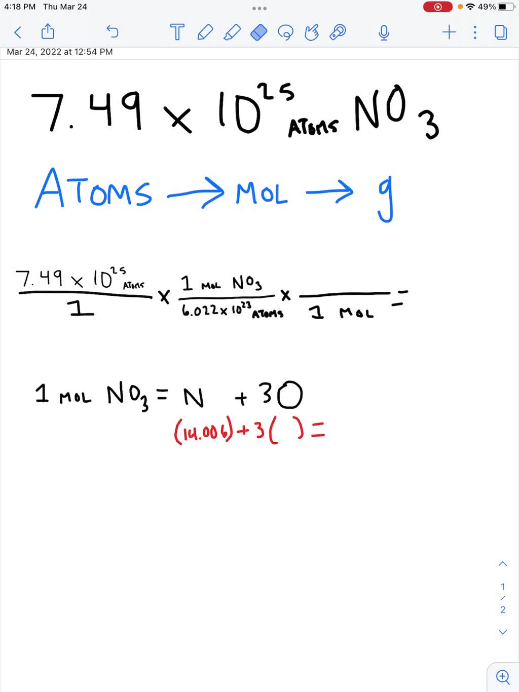 SOLVED: Calculate the mass, in grams, of 7.49 x 1025 atoms of NO3.