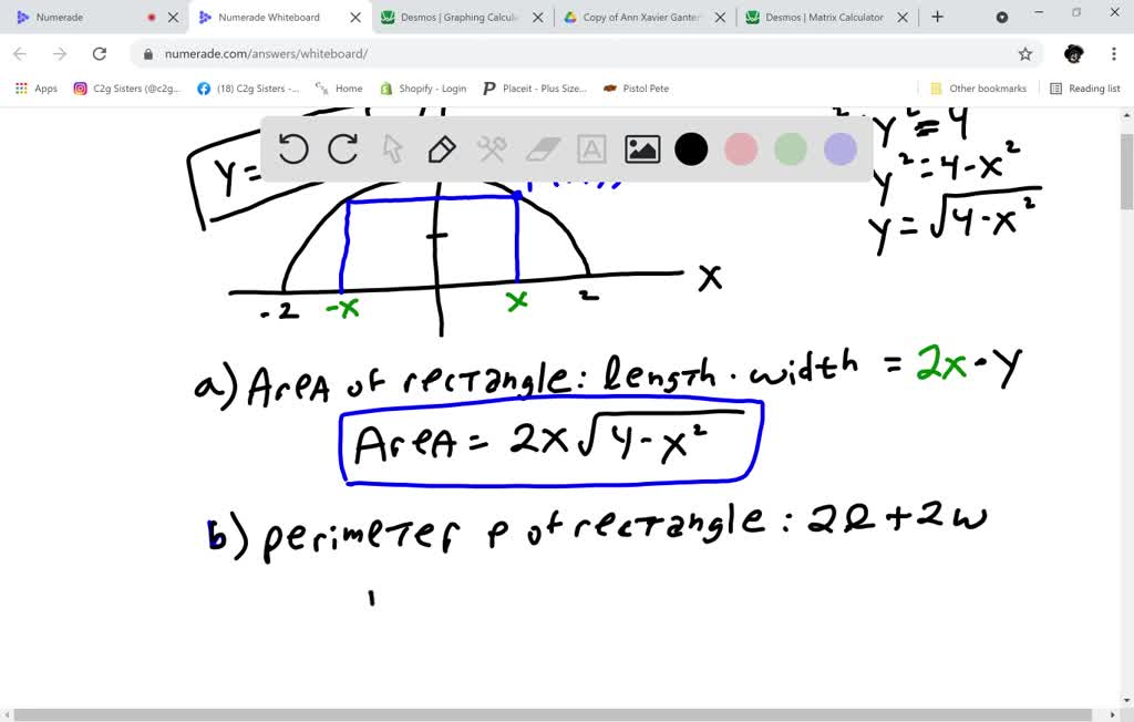 SOLVED: The figure shows a rectangle with two vertices on a semicircle of radius 2 and two ...