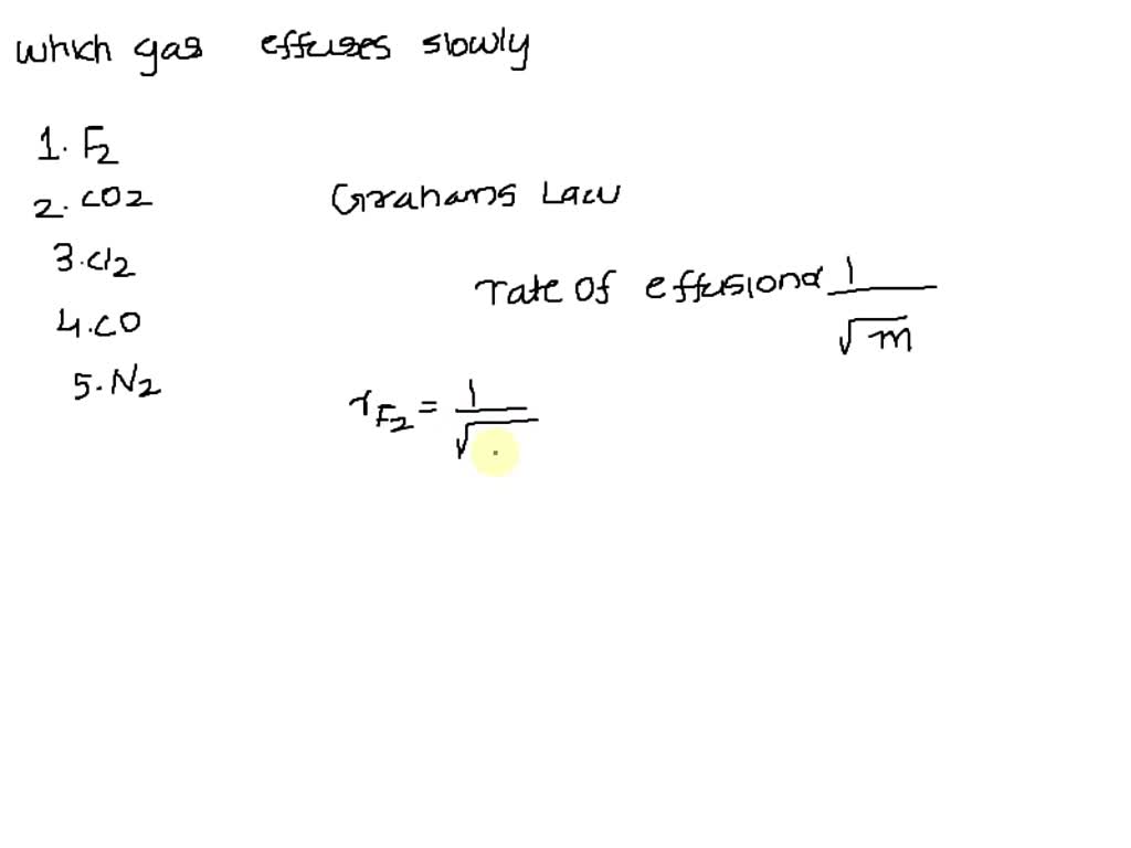 SOLVED: Which gas effuses slowest? 1.) nitrogen 2.) carbon dioxide 3 ... SOLVED: Which gas effuses slowest? 1.) nitrogen 2.) carbon dioxide 3 ...