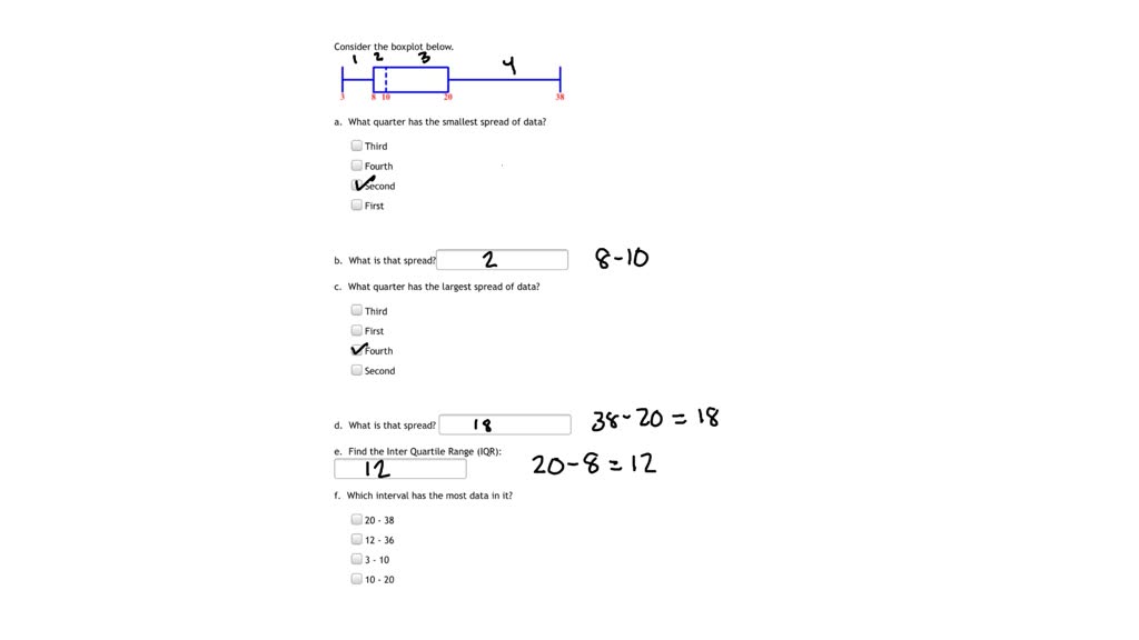 SOLVED: Consider the boxplot below. Box Plot with five Point Summary: 3,8,10,20,38 a. What ...