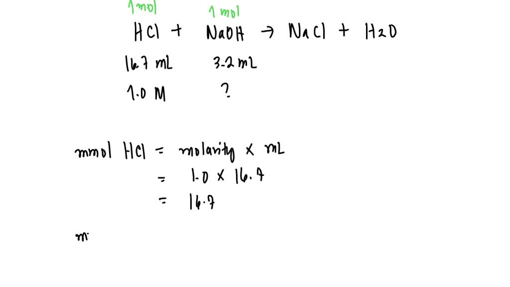 SOLVED: t takes 16.7mL of 1.0 M HCl to completely neutralize 3.2 mL of an unknown concentration ...