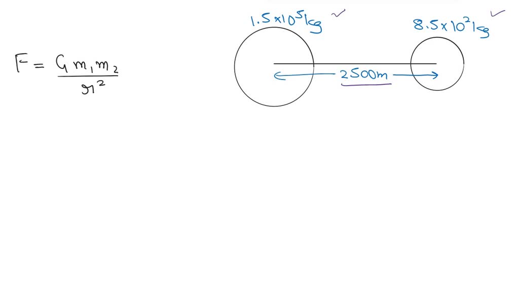 SOLVED: Two spherical objects have masses of 1.5 x 10^5 kg and 8.5 x 10 ... SOLVED: Two spherical objects have masses of 1.5 x 10^5 kg and 8.5 x 10 ...