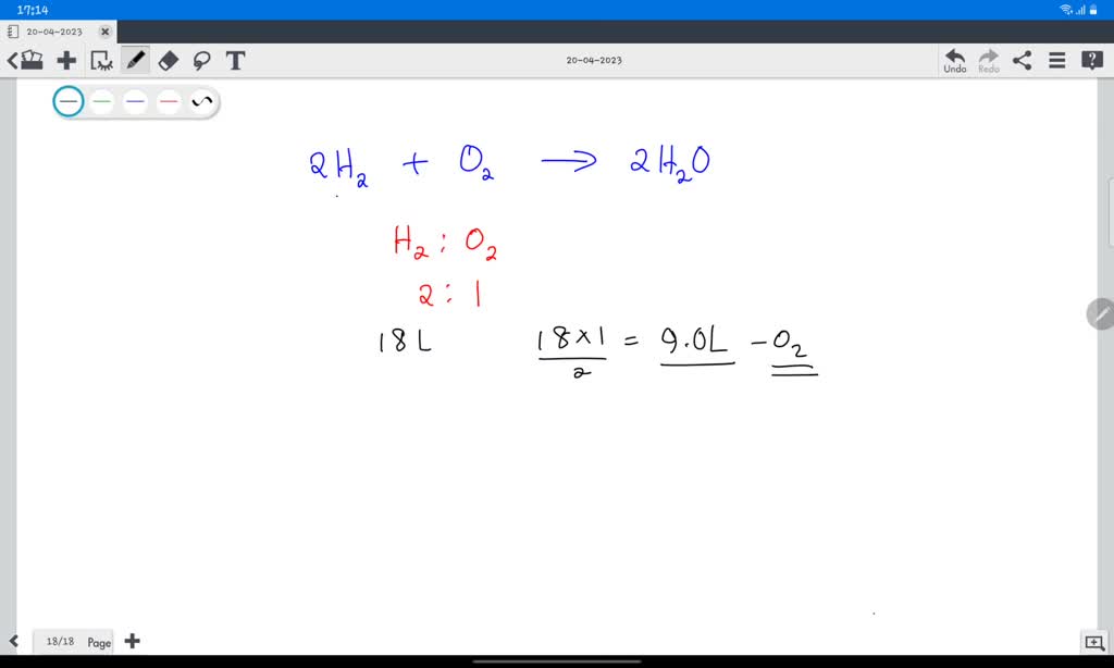 SOLVED: If 18 liters of hydrogen react with oxygen to form water, how many liters of oxygen are ...