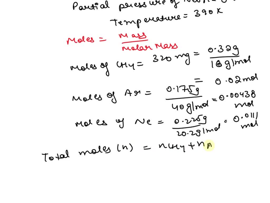 SOLVED: A gas mixture consists of 320 mg of methane, 175 mg of argon, and 225 mg of neon. The ...