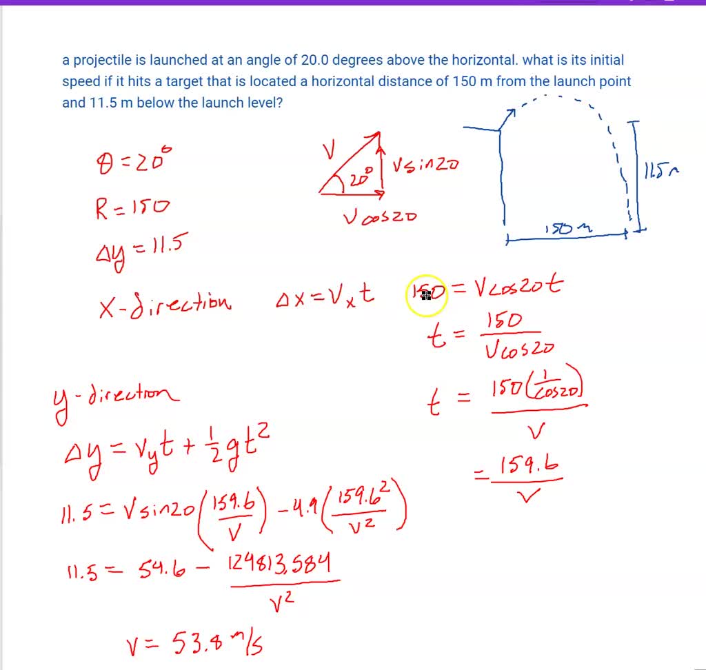 SOLVED: a projectile is launched at an angle of 20.0 degrees above the horizontal. what is its ...