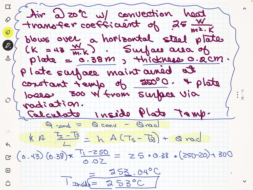 Air at 20Â°C with a convection heat transfer coefficient of 25 W/mÂ²Â·K blows over a horizontal ...