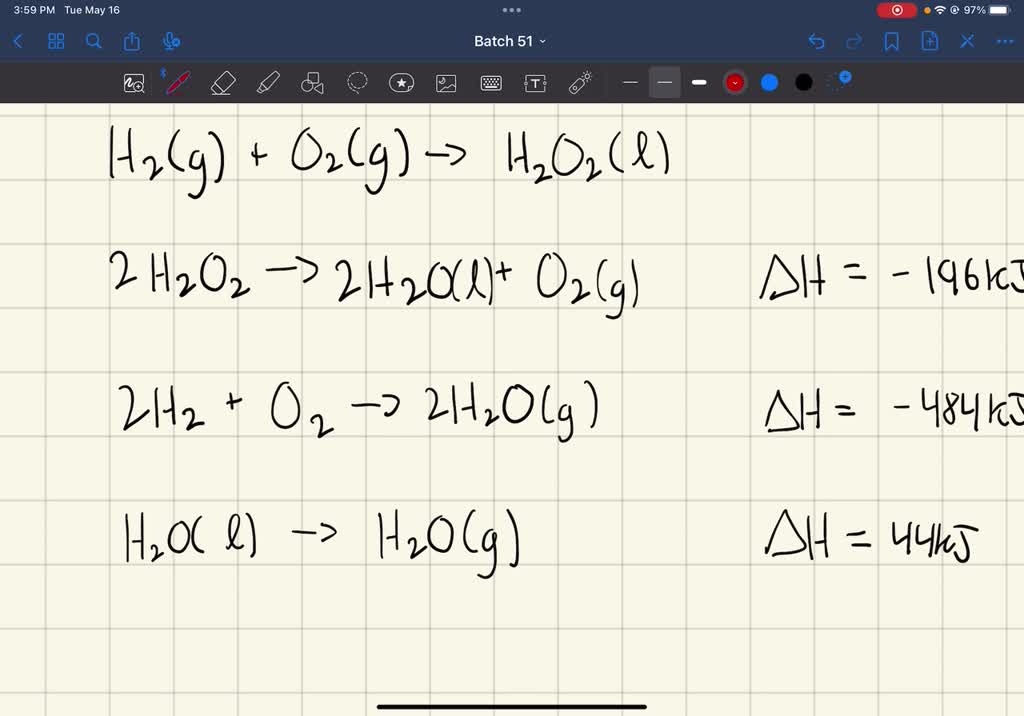 SOLVED: Calculate the enthalpy of the following reaction: H2 (g) + O2 (g) —–> H2O2 (l) Given the ...