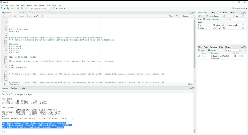 SOLVED: Using the mtcars data set that is built into R, create 3 linear ...