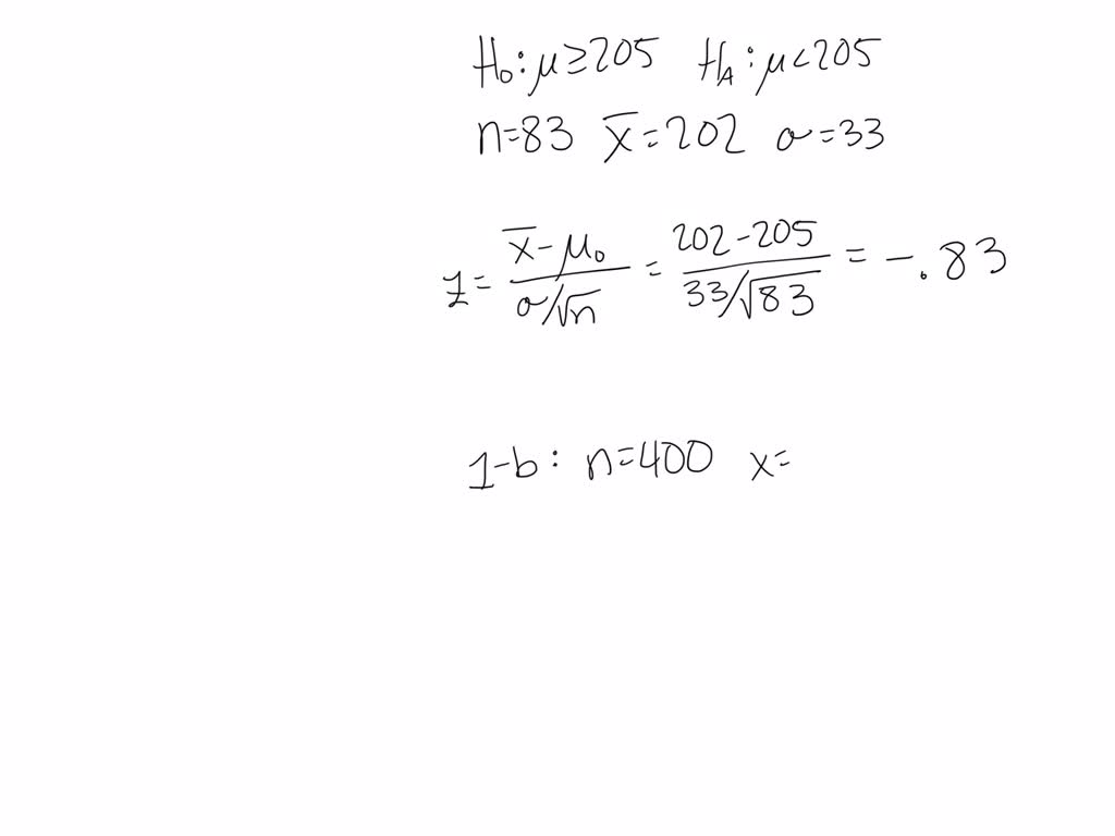 SOLVED: Consider the following hypotheses: H0: μ ≥ 205 HA: μ
