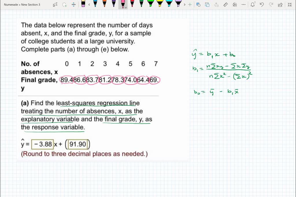 SOLVED: The accompanying data represent the number of days absent, x, and the final exam score ...