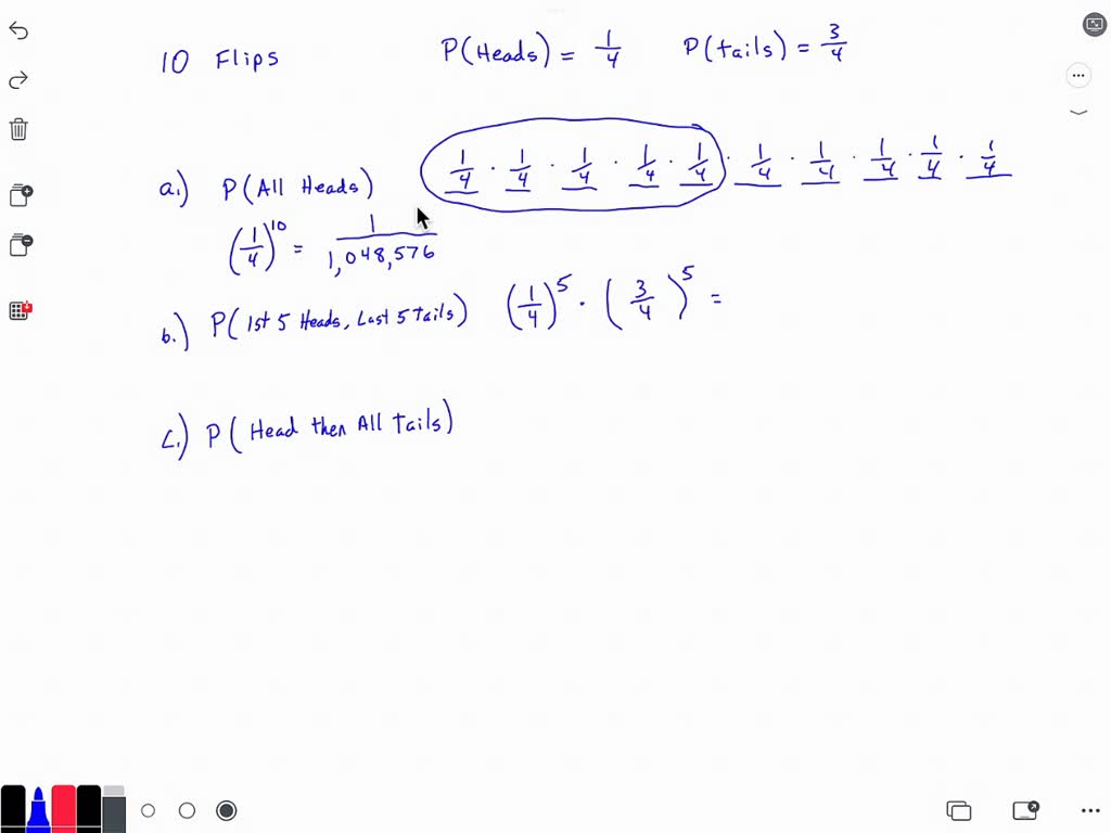 A biased coin is flipped 10 times. In a single flip of the coin, the probability of heads is 1/4 ...