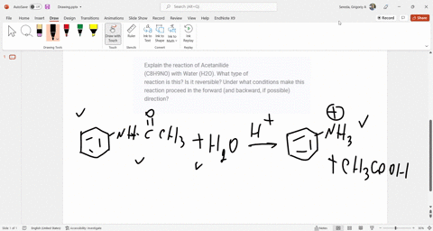 Explain the reaction of acetanilide c8h9no with water h2o...