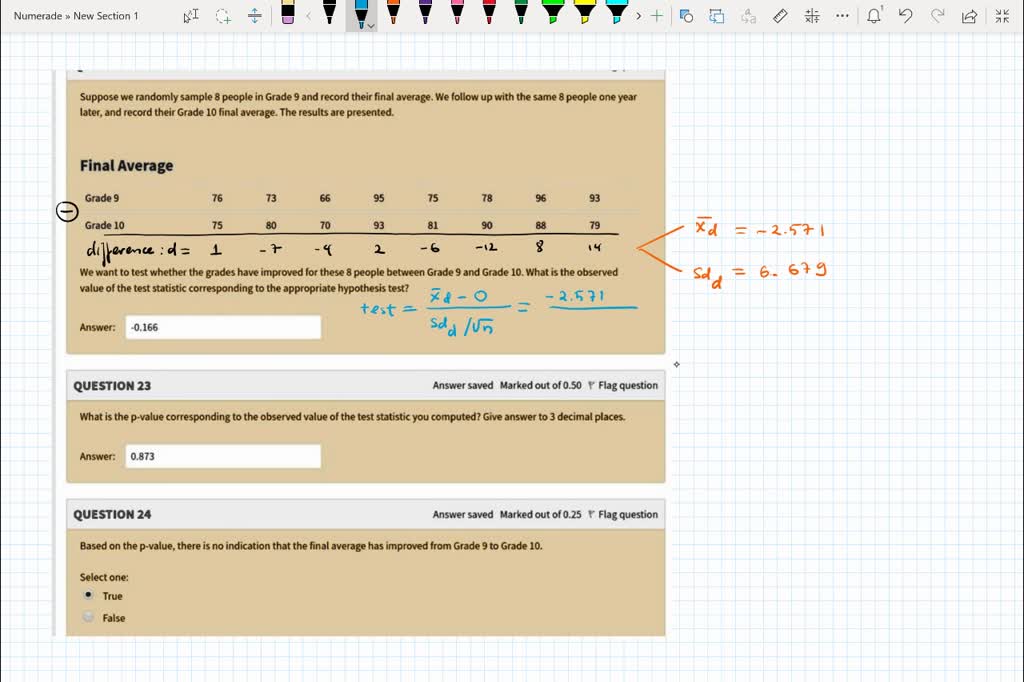 SOLVED: teacher would like to determine if quiz scores improve after ...