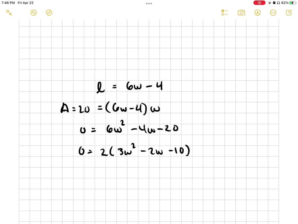 The area of a rectangle is 20 square inches. If the length is 4 inches ...