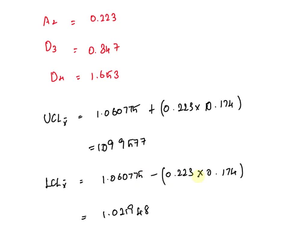 SOLVED: Calculate the control chart parameters UAL, UWL, LAL, and LWL ...