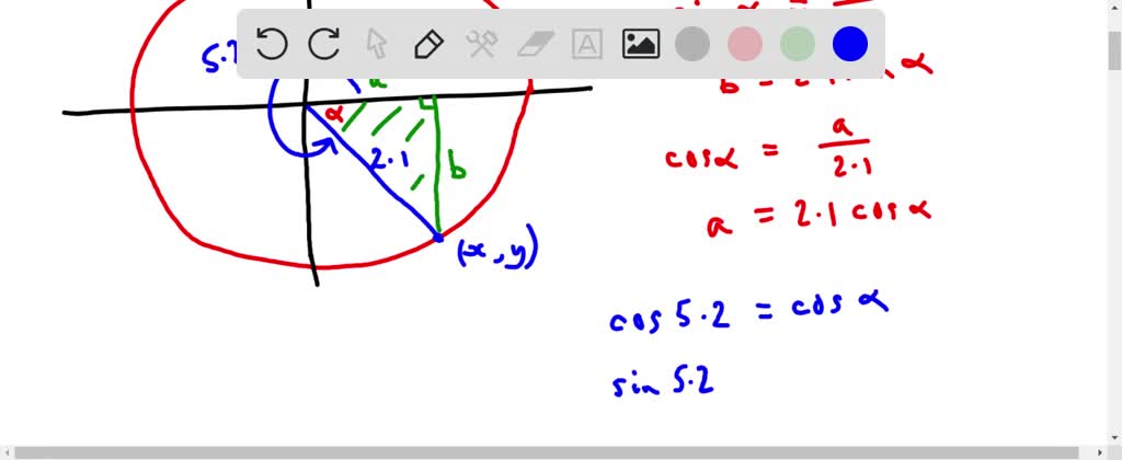 The angle below measures 5.2 radians, and the circle centered at the ...