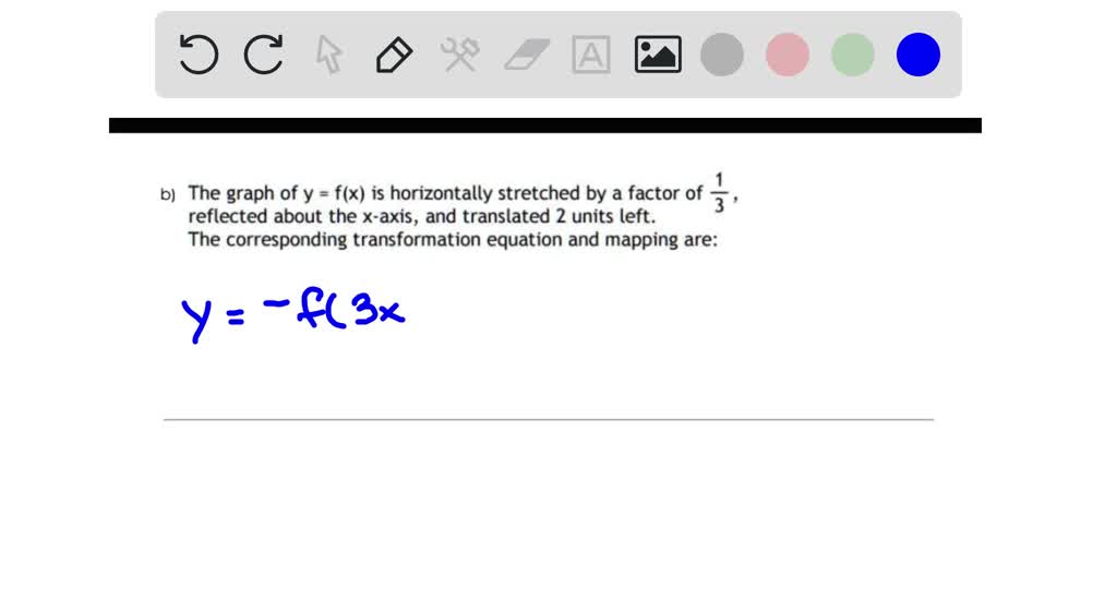 SOLVED: bJ The graph of y = f(x) is horizontally stretched by a factor of 3 reflected about the ...
