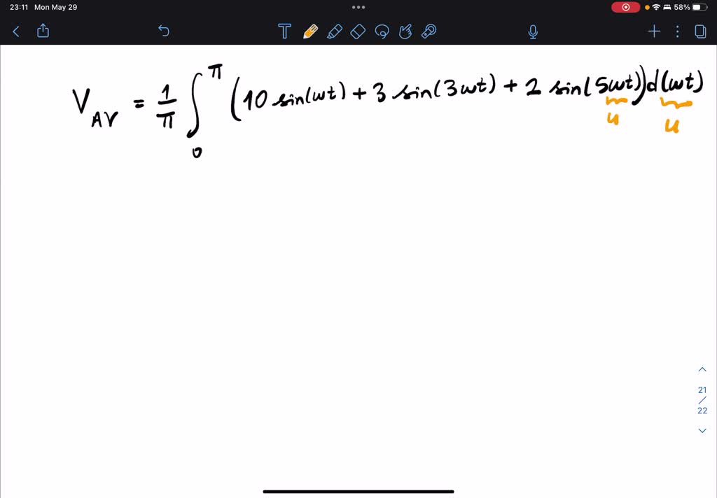 SOLVED: b) The average value of a complex voltage waveform is given by: VA V=(1)/(π)∫0^π(10 sinω ...