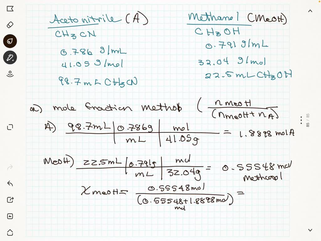 SOLVED: 3.49 The density of acetonitrile (CH;CN) is 0.786 g/mL and the density of methanol (CH ...