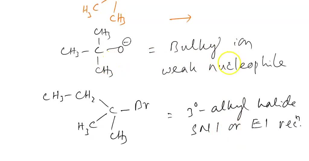 SOLVED: CH3CH2C(CH3)2Br + (CH3)3COK are most likely to react by: a) Sn1 ...