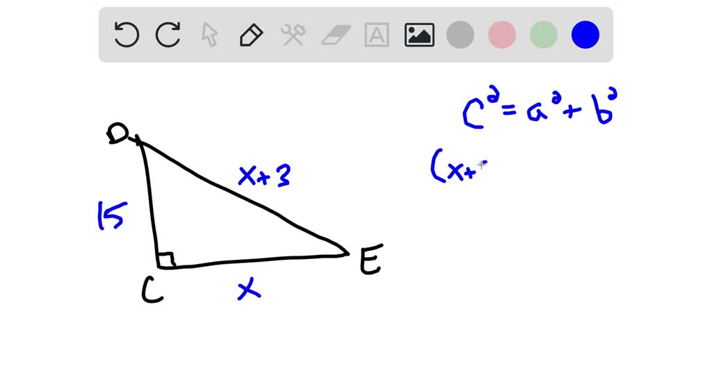 In angle CDE, angle C=90, CD=15, and DE is 3 more than CE. What is the ...