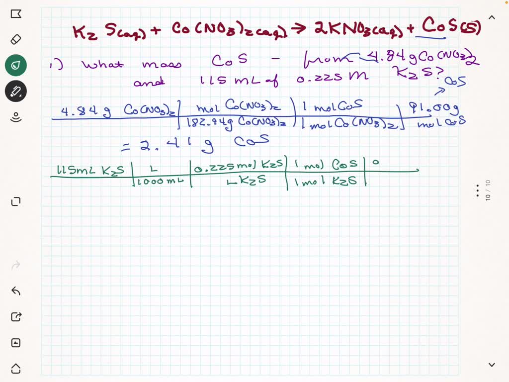 SOLVED: Consider the reaction K2S(aq) + Co(NO3)2(aq) –> 2KNO3(aq) + CoS ...