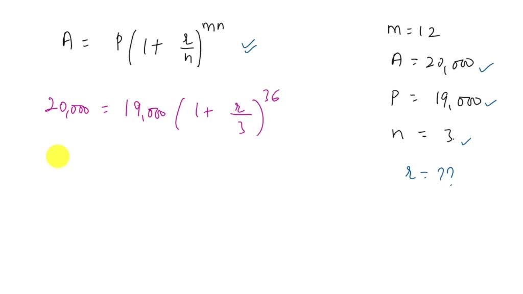 Find the missing value in the compound amount formula m=12, A=20000, P=19000, n=3 r=?
