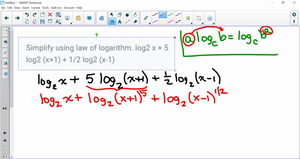 SOLVED: Simplify using law of logarithm. log2 x + 5 log2 (x+1) + 1/2 log2 (x-1)