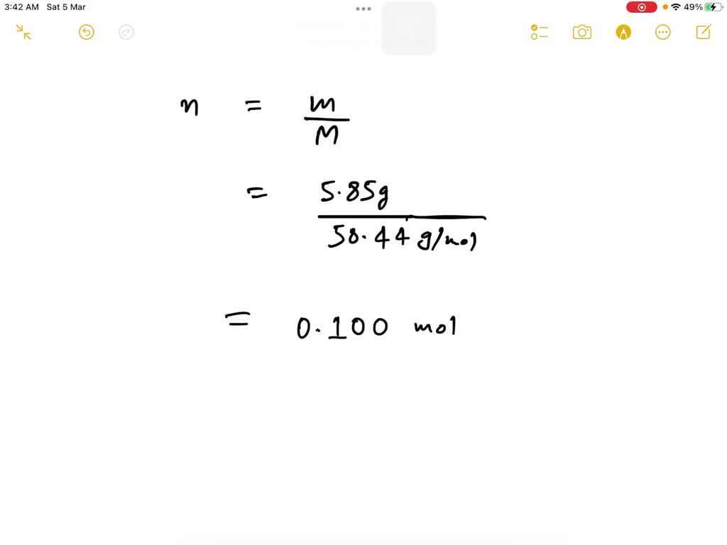 SOLVED: Calculate molarity of 5.85 g of NaCl in 400mL of a NaCl solution SOLVED: Calculate molarity of 5.85 g of NaCl in 400mL of a NaCl solution