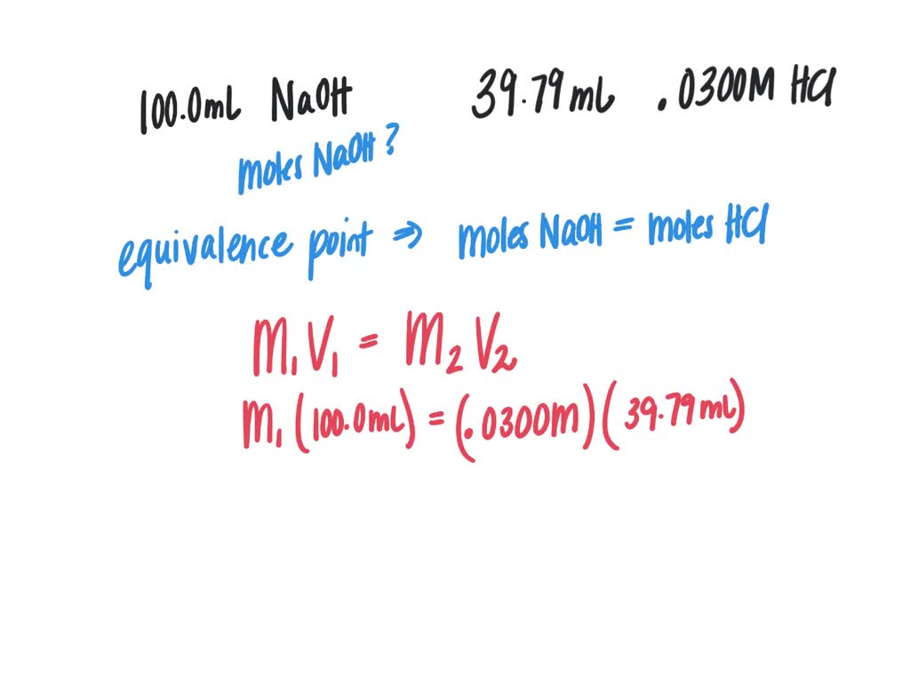 A 100.0 mL solution of NaOH reaches the equivalence point when 39.79 mL of a 0.0300 M solution ...