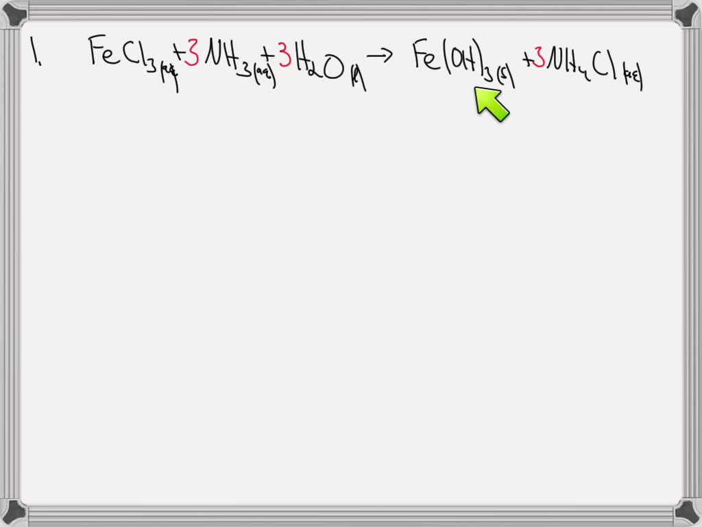 FeCl3 and NH3. Include conventional, total ionic, and net ionic.