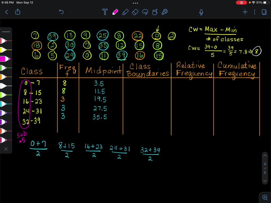 SOLVED: 4 (40 pts). Construct a frequency distribution for the data set using the indicated ...