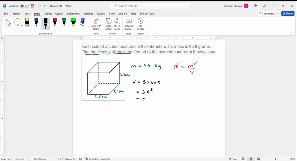 SOLVED: 'Each side of a cube measures 3.9 centimeters Its mass is 95.8 ...