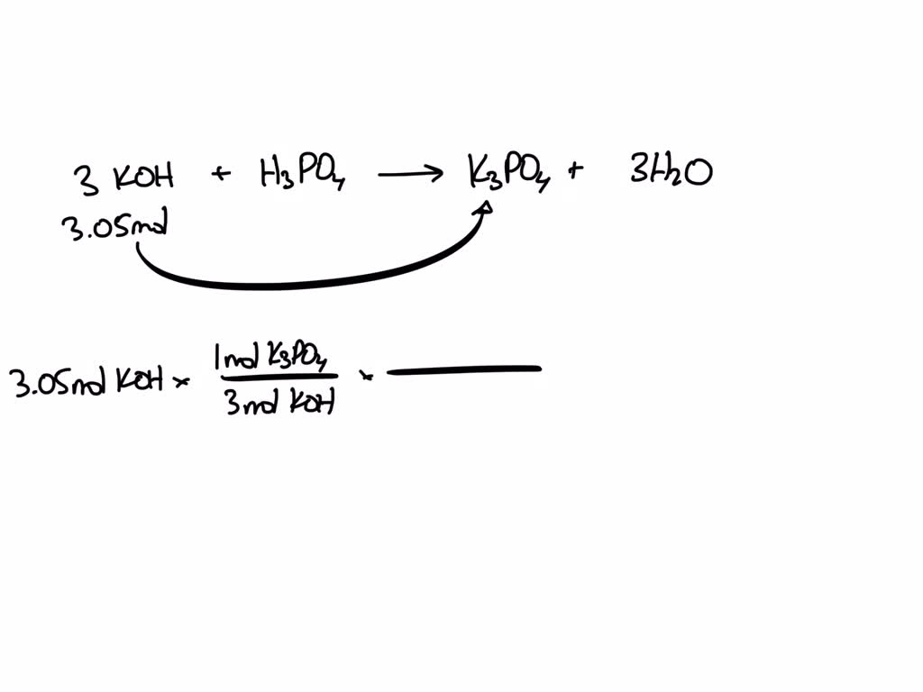 SOLVED: For the chemical reaction: 3 KOH + H3PO4 â†’ 5 KPO4 + 3 H2O ...
