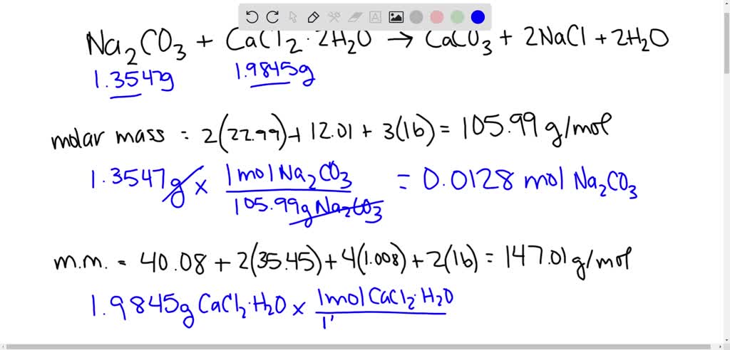 SOLVED: Calculate the limiting reagent and excess reagent of: Na2CO3 + CaCO3 Â· 2H2O -> CaCO3 ...