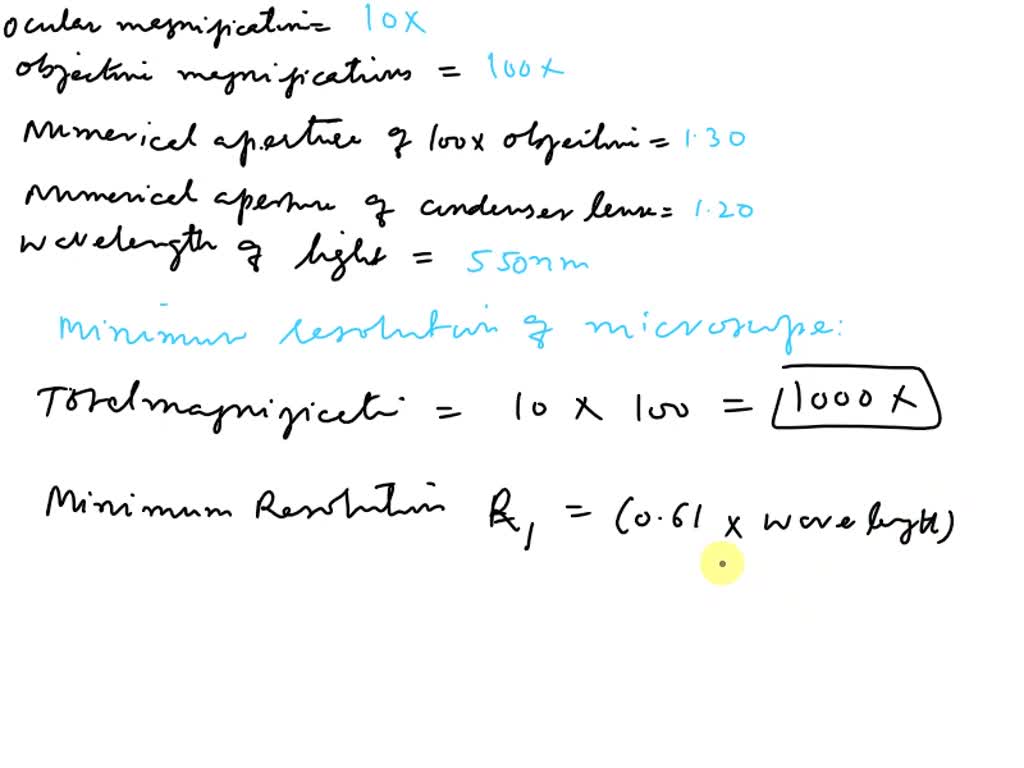 SOLVED: Calculate the minimum resolution for a microscope with the ... SOLVED: Calculate the minimum resolution for a microscope with the ...