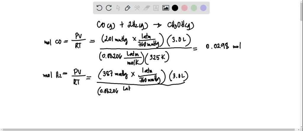 SOLVED: Carbon monoxide gas reacts with hydrogen gas to form methanol: CO (g) + 2H2 (g) -> CH3OH ...