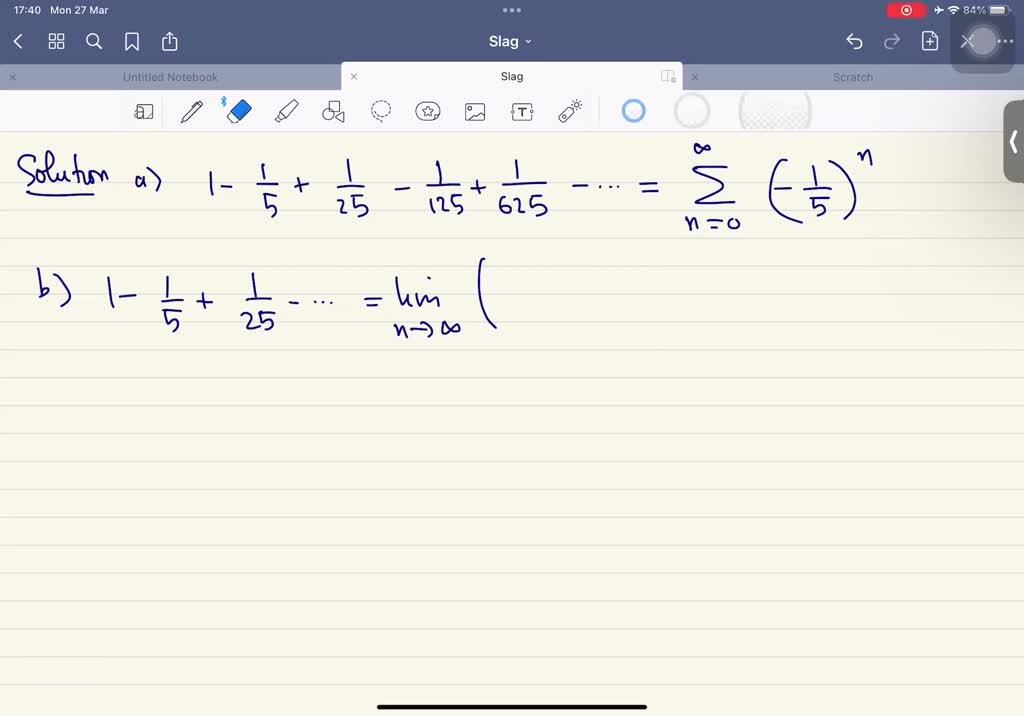 SOLVED: a. Write the series using sigma notation: 1-(1)/(5)+(1)/(25)-(1 ... SOLVED: a. Write the series using sigma notation: 1-(1)/(5)+(1)/(25)-(1 ...