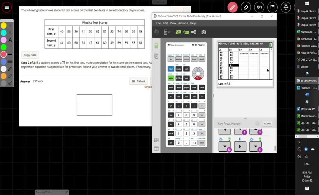 The following table shows students' test scores on the first two tests ...
