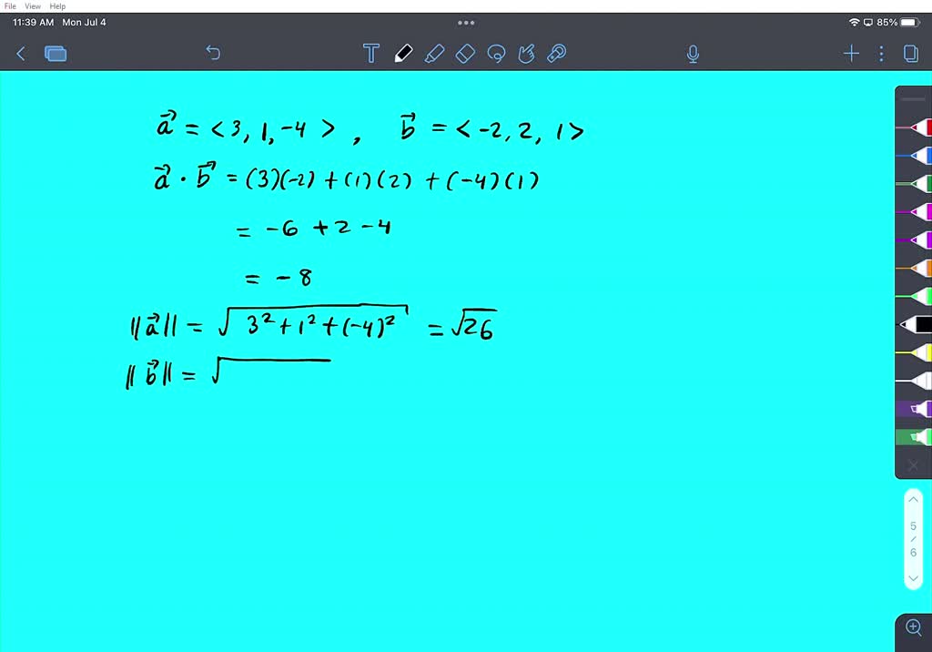 SOLVED: Compute the angle between the vectors. 𝐚=3 𝐢+𝐣-4 𝐤, 𝐛=-2 𝐢+2 𝐣+𝐤