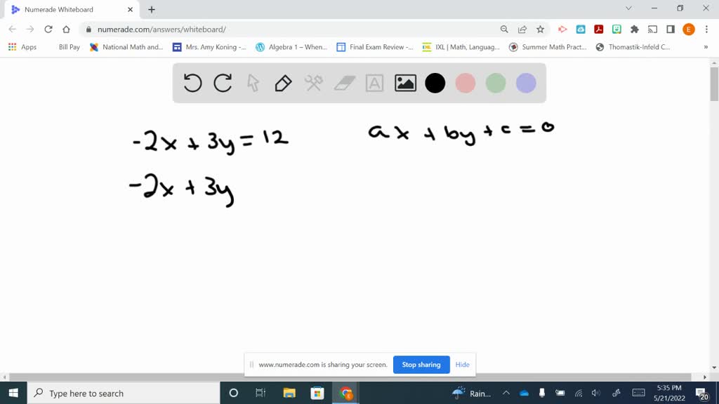 SOLVED: -2x + 3y = 12 express the following linear equations in the form ax + by + c=0 and ...