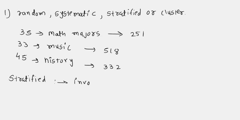 SOLVED: Exercice 9 : Classify each sample as random systematic stratified or cluster 1) Thirty ...