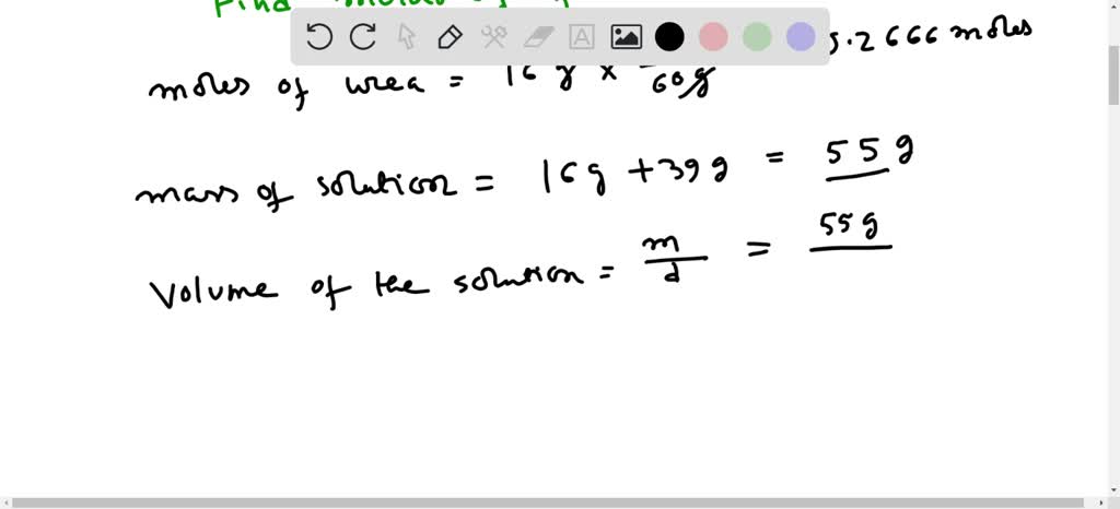 SOLVED: A solution prepared by dissolving 16 g of urea (MW 60 g/mol) in 39 g of water has ...