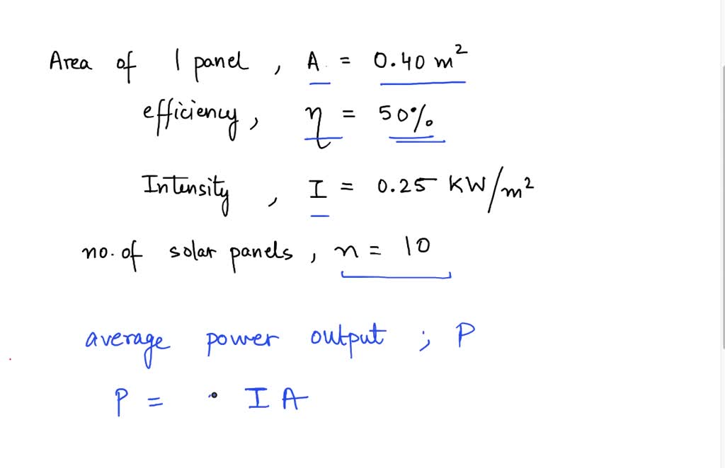 SOLVED: A solar panel has surface area 0.40mÂ² and efficiency 50%. The ...