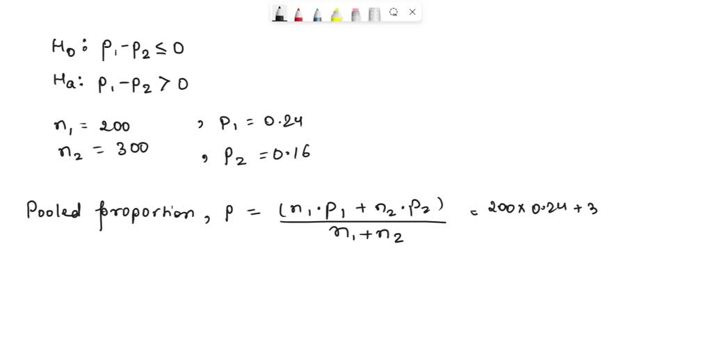 SOLVED: Consider the hypothesis test. H0: p1 - p2 â‰¤ 0 Ha: p1 - p2 > 0 ...