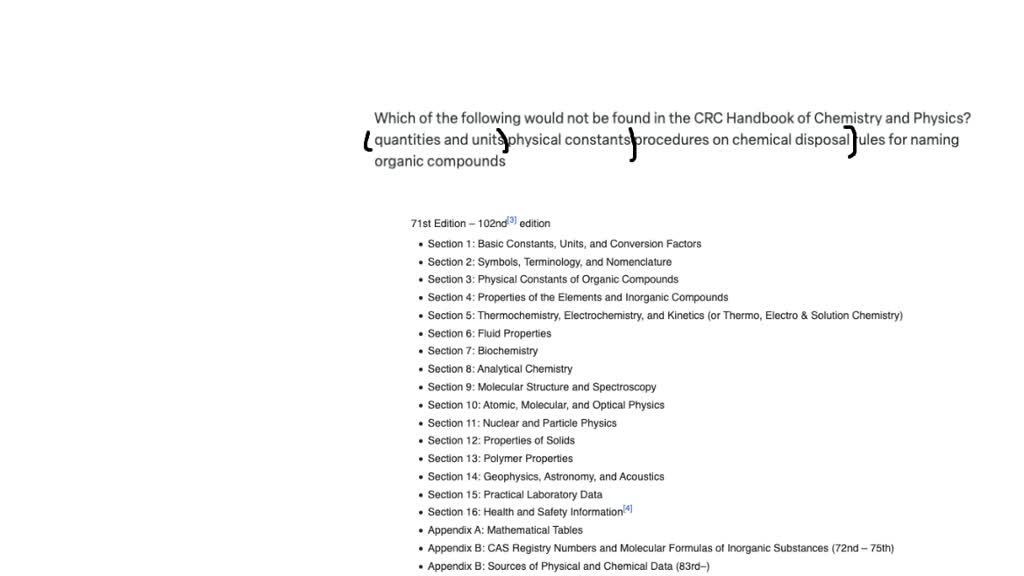 SOLVED: Which of the following would not be found in the CRC Handbook of Chemistry and Physics ...