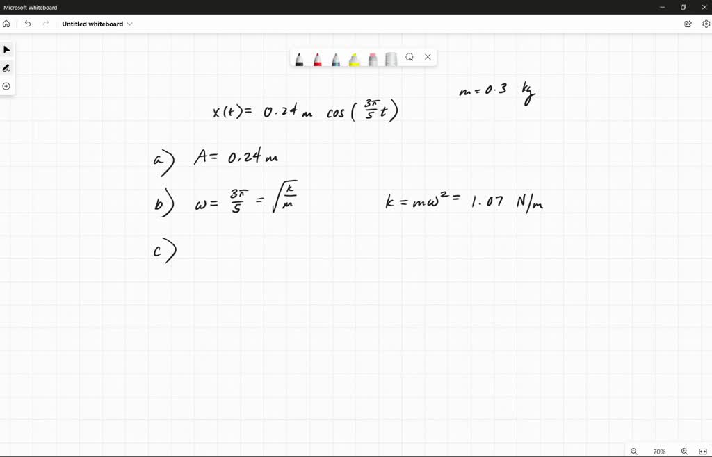 SOLVED: The position of a 0.30-kg object attached to a spring is described by x = (0.24 m) cos(0 ...