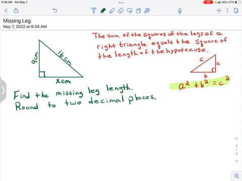 Find the length of the missing leg given the hypotenuse is...