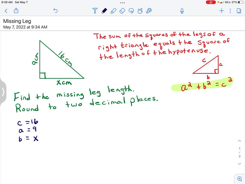 SOLVED: Find the length of the missing leg given the hypotenuse is 16 ...