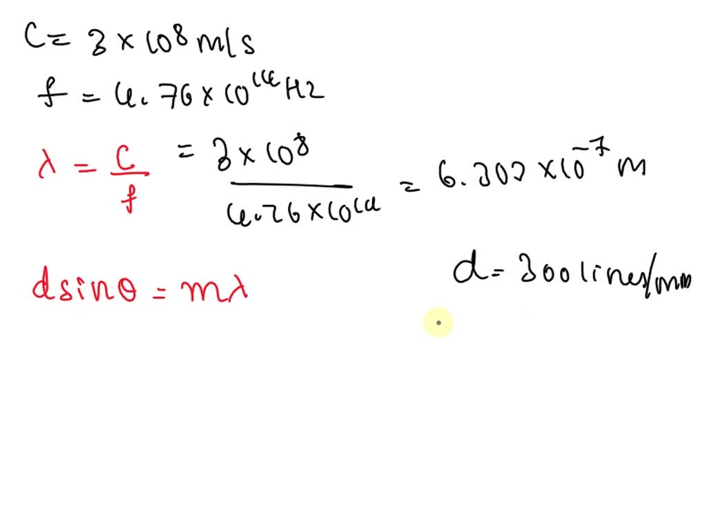 A diffraction grating has 300 lines per mm. If light of frequency 4.76 ...